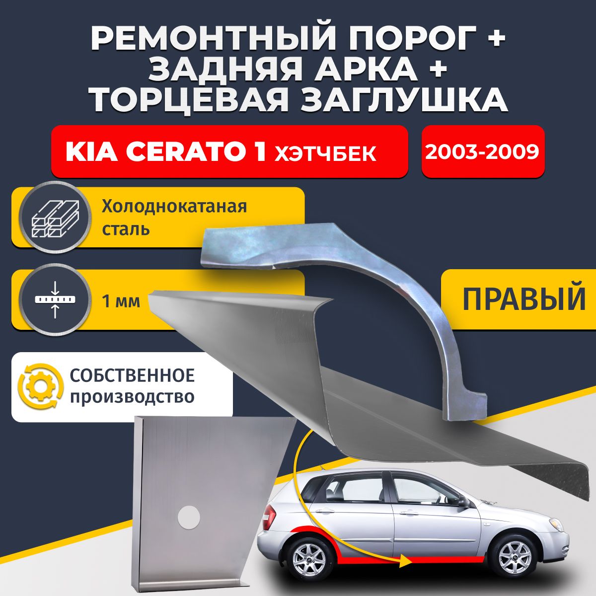 Правая задняя ремонтная арка (0,8 мм) и правый стандартный ремонтный порог (1 мм) + торцевая заглушка (1 мм) на Kia Cerato 1 2003-2009 Хэтчбек 5 дверей (Киа Церато 1). Холоднокатаная сталь