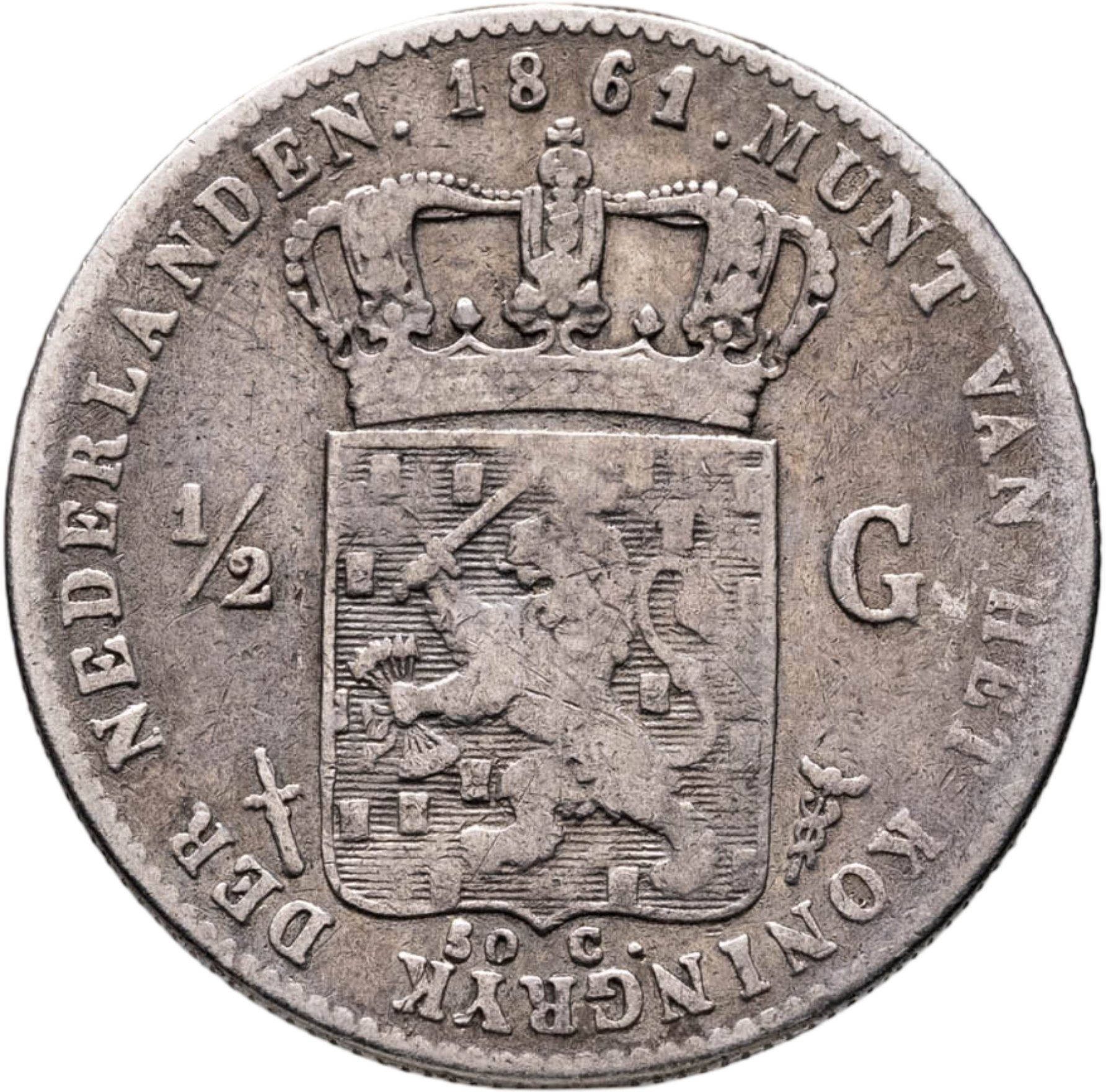 Нидерланды 1/2 гульдена gulden 1861, Серебро 945, в сохранности F-VF