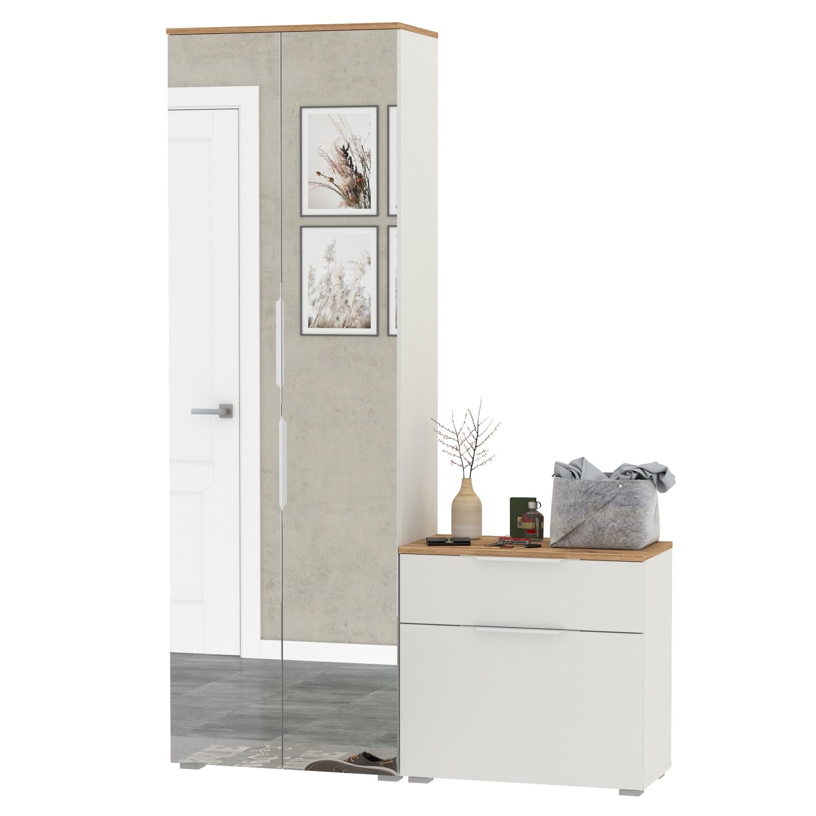 Шкаф для одежды с зеркальными дверками и обувница Моби Октава белый/дуб крафт золотой, 129,3х35,4х197,6 см