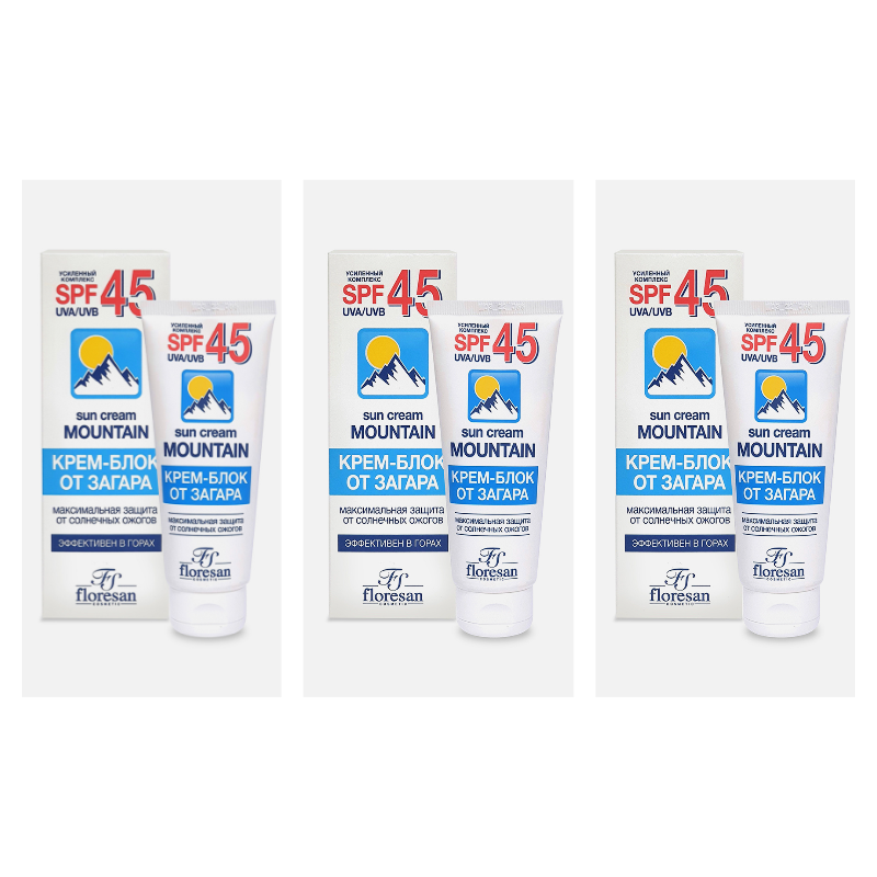 Крем от загара Floresan, Защита от солнца, водостойкий, специально для гор, SPF 45, 60 мл, 3 шт.