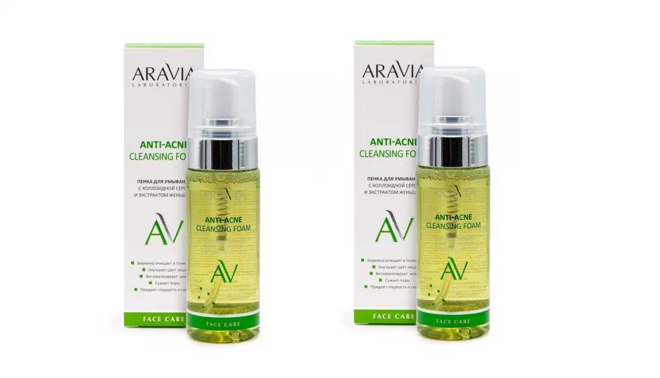 Пенка для умывания Aravia Laboratories Anti-Acne Cleansing Foam с Коллоидной Серой и Экстрактом Женьшеня, 150 мл, 2 уп