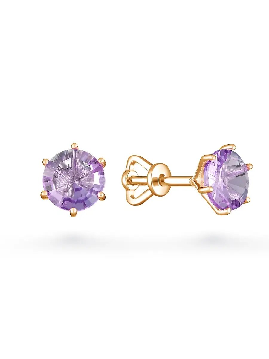 Серьги пусеты, красное золото, 585 проба, бриллиант, аметист