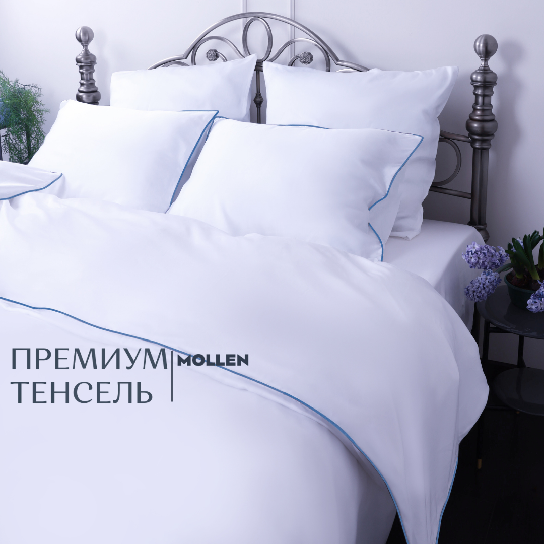 Постельное белье Евро из тенселя, пододеяльник 200x220, простыня 250х250, наволочки 50x70. Синий кант