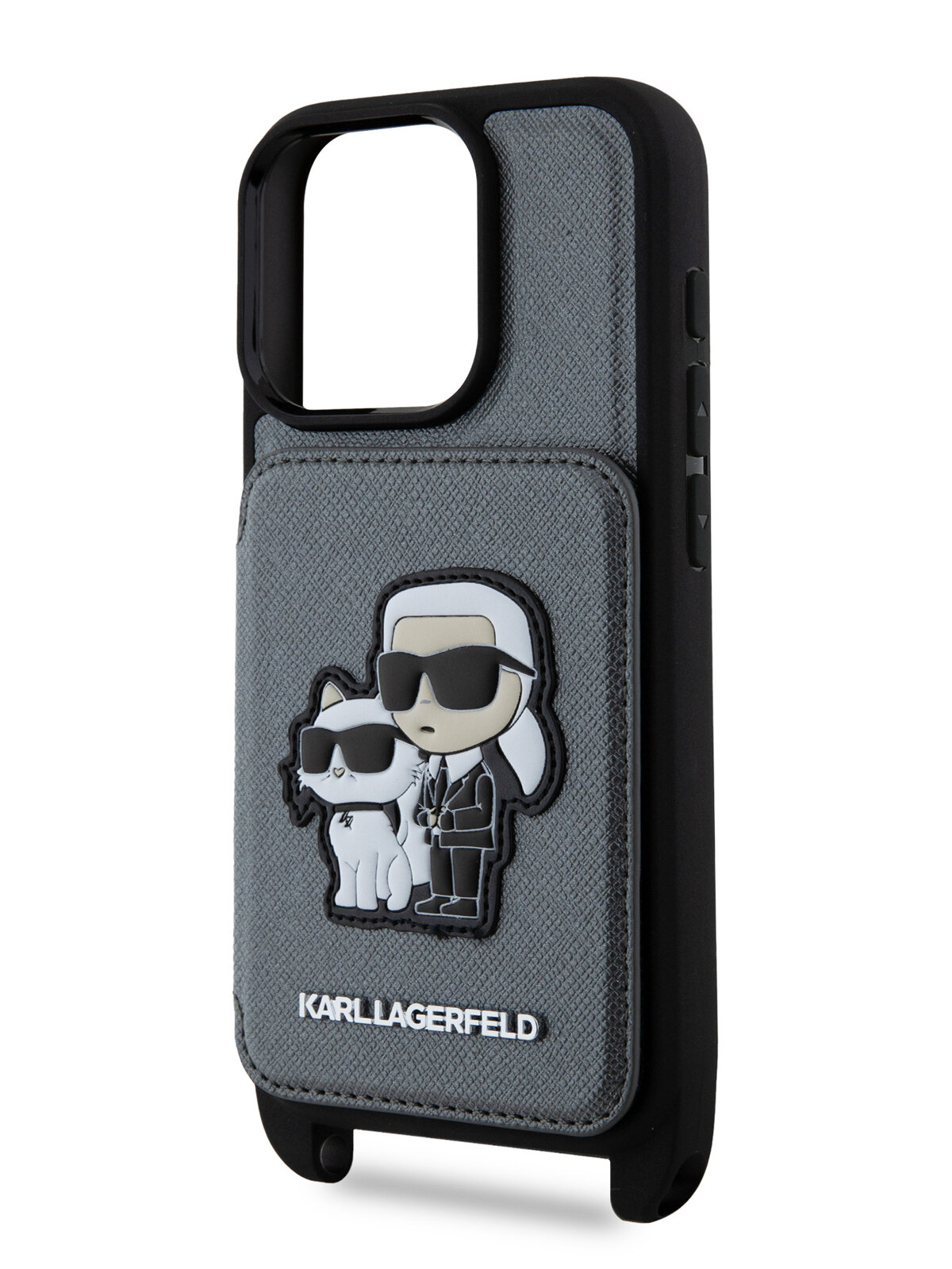 Lagerfeld для iPhone 16 Pro Max чехол Crossbody cardslot PU Saffiano NFT Karl&Choupette Hard Silver