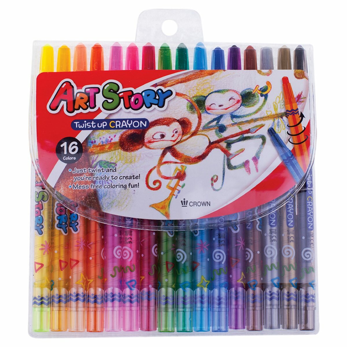 Карандаши восковые 16 цветов Crown ArtStory (L=170мм, D=10мм, 3гр, пластик, выкручивающийся стержень) ПВХ (TP-1600), 12 уп.