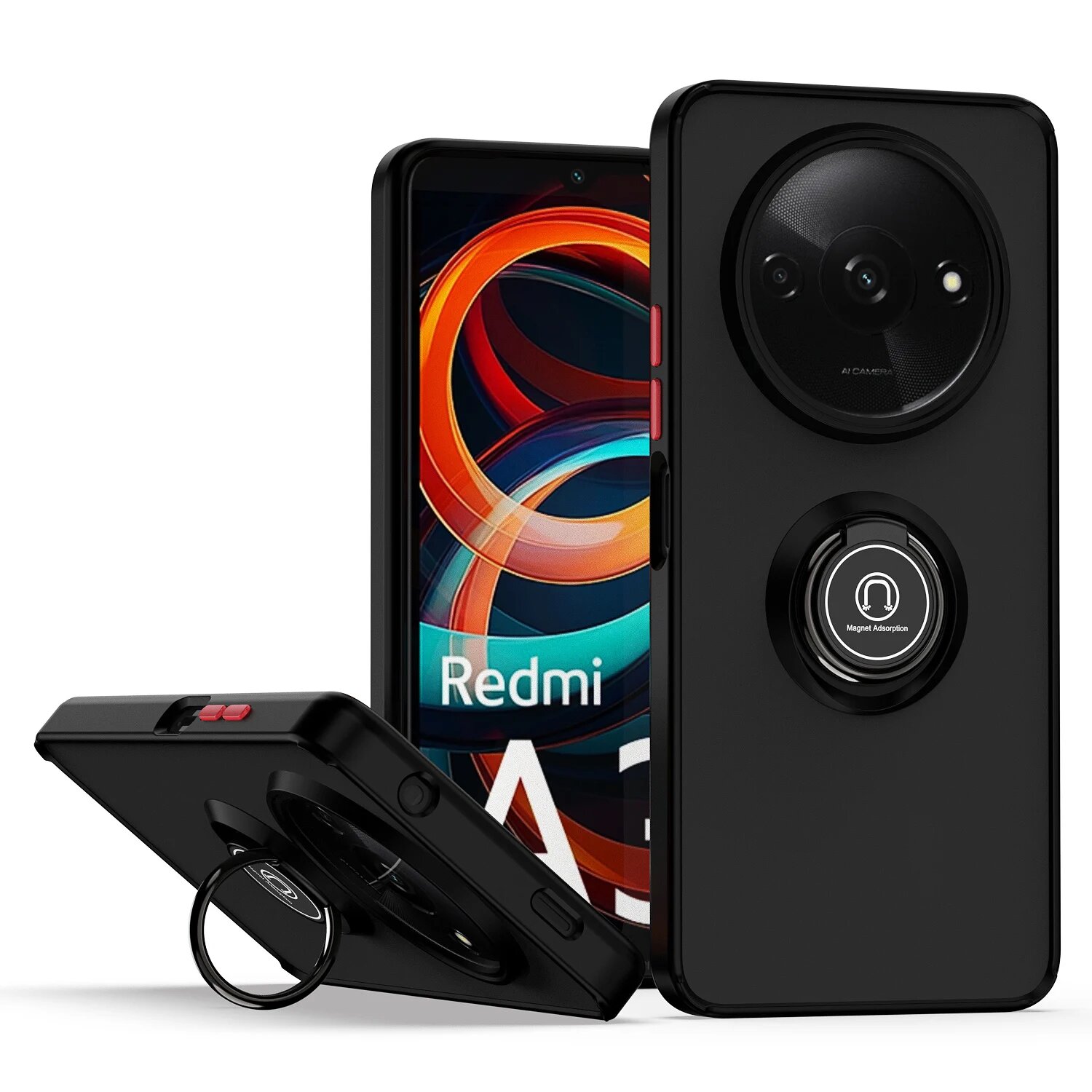 Черный чехол на Redmi A3 с кольцом и магнитом