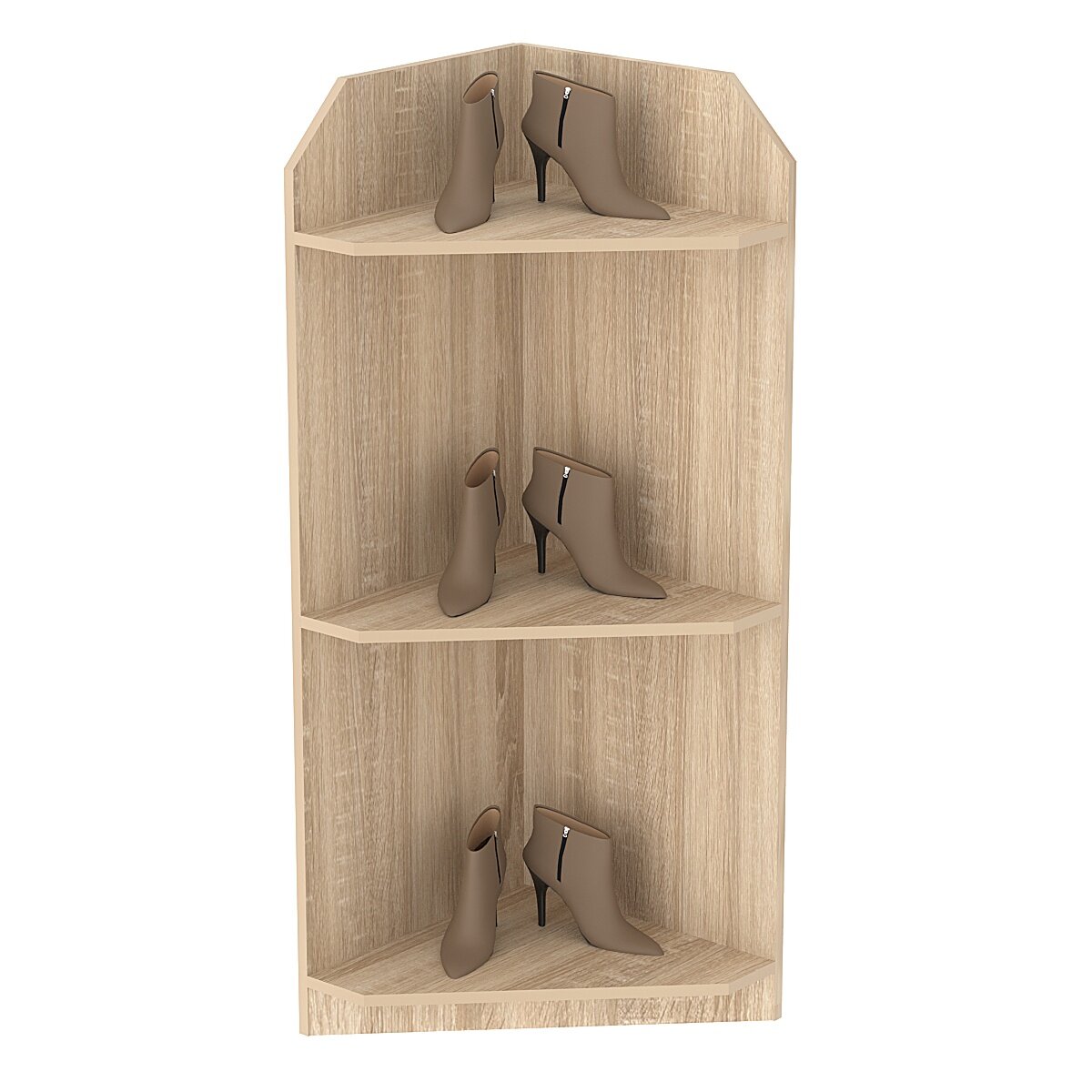 Торговый стеллаж из ДСП для обуви №6 низкий с тремя полками угловой, Дуб сонома