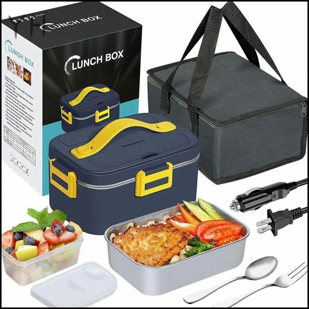 Ланчбокс электрический с подогревом герметичный контейнер для еды функцией термоса и подогрева пищи в офисе и автомобиле, с сумкой переносной в комплекте и столовыми приборами,75W 1.8L 12V/24V/220V