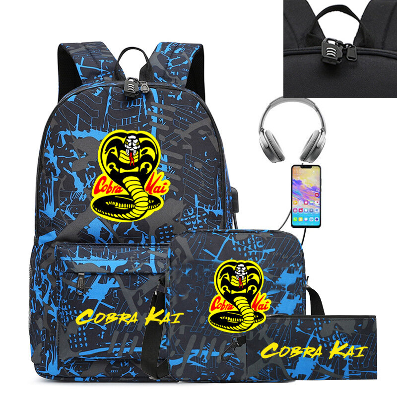 Новый американский сериал «Каратэ», детский рюкзак «Кобра», сумка для ручек, сумка на одно плечо, парусиновая школьная сумка из трех предметов 01