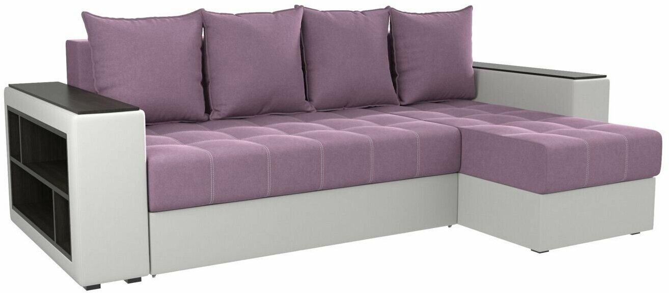 Угловой Диван Дубай М, Вельвет Сиреневый/Экокожа Белый, Угол правый, Ящик для белья, 258х10х80 см