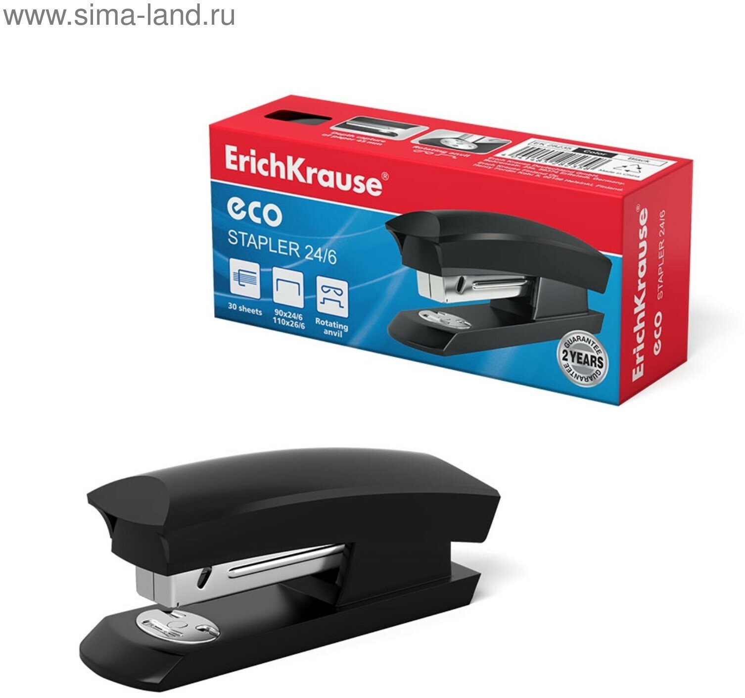Степлер канцелярский № 24/6, 26/6, ErichKrause ECO, металлический корпус, до 30 листов, чёрный