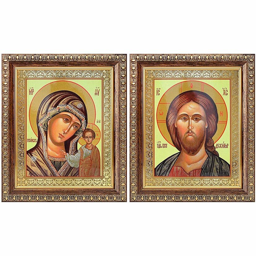 Венчальная пара "Спаситель-Казанская" (лики № 108-109), две иконы в темных пластиковых рамках 12,5*14,5 см