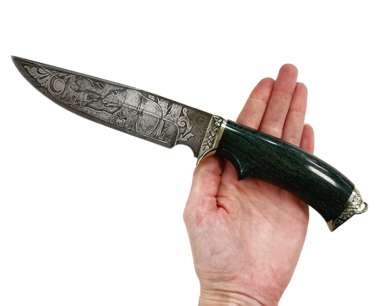 Нож Легионер, дамасская сталь с гравировкой, стабилизированная карельская береза