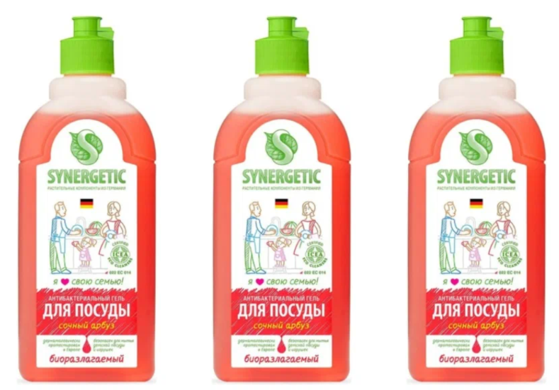 Средство для мытья посуды, детских игрушек Synergetic, с ароматом арбуза, 500 мл, 3 шт