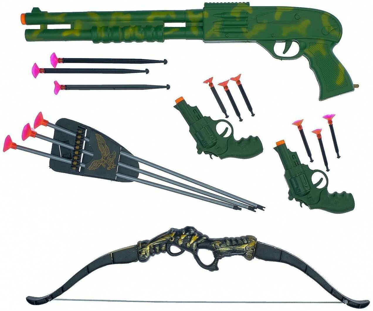 Набор игрушечного оружия "Рэмбо", 17 предметов: ружье и пистолеты, лук со стрелами и колчаном, стреляют присосками, детские игрушки для сюжетно-ролевой игры