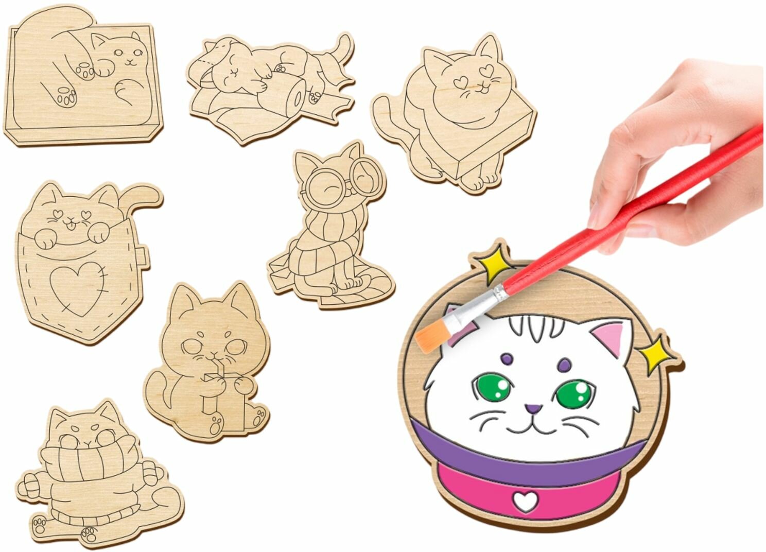 Деревянные заготовки для творчества "Котики", набор для росписи и поделок, комплект 27 деревянных фигурок для раскрашивания