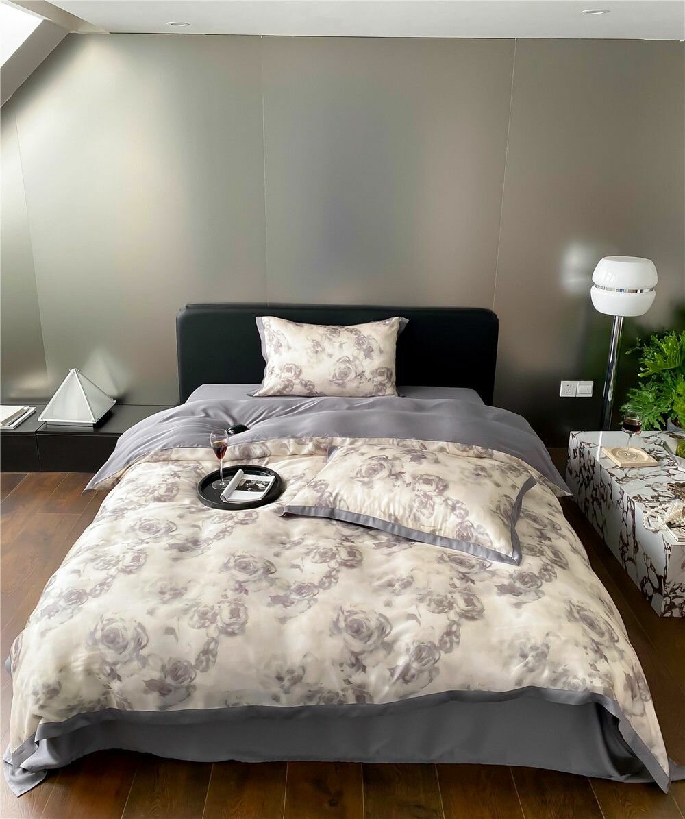 Комплект из четырех предметов с рисунком китайской тушью, ощущение прохлады летнего ледяного шелка, шелковистое стеганое одеяло, легкое роскошное постельное белье