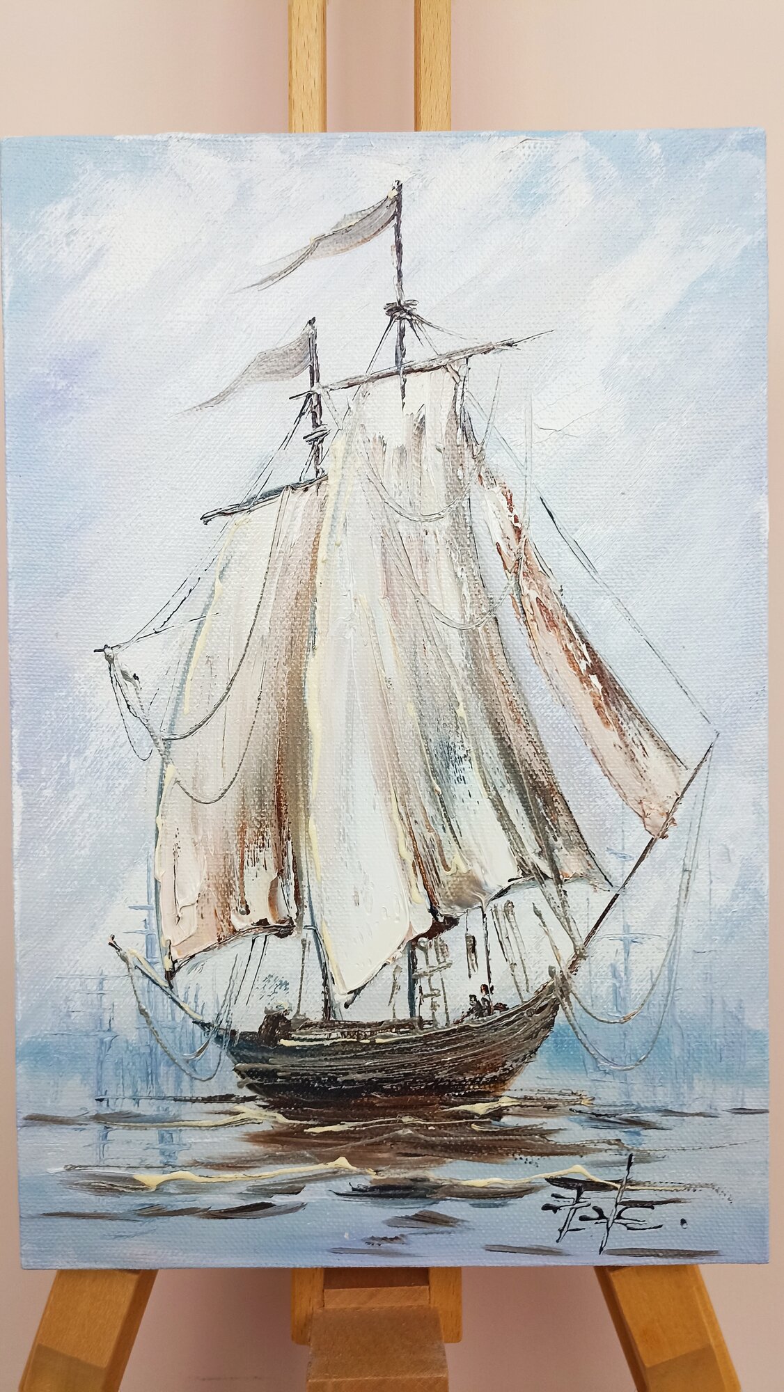 Масло/холст. 100% ручная работа, 100% живопись. Картина из серии "Импрессионизм" Морской пейзаж. Парусник. 20х30 см