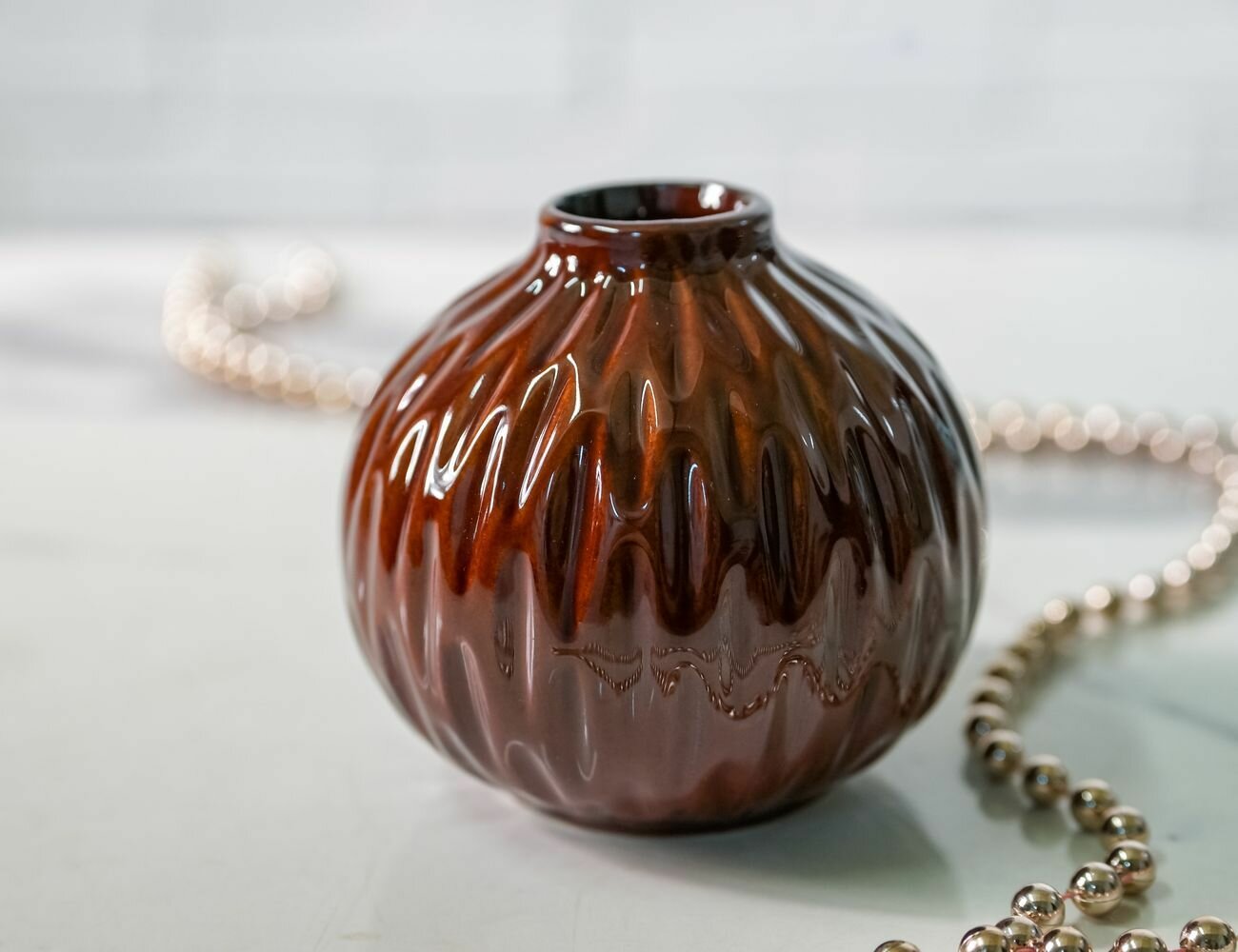 Фарфоровая ваза восточные мотивы округлая, темно-коричневая, 10 см, Boltze 2014557/9708902