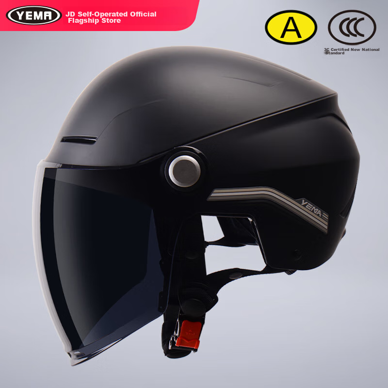 YEMA 3C Certified New National Standard Class A 367S Electric Scooter Helmet for Women, Summer And All-Season, Battery-Powered Scooter Half Helmet for Men, Lightweight Motorcycle Safety Helmet, Pia Black with Black Tea Long Visor