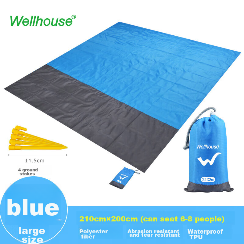 WELLHOUSE Outdoor Picnic Mat, Beach Seat, Thin Foldable Lightweight Storage Bag with Ground Stakes, Blue-Gray, 2.1*2m