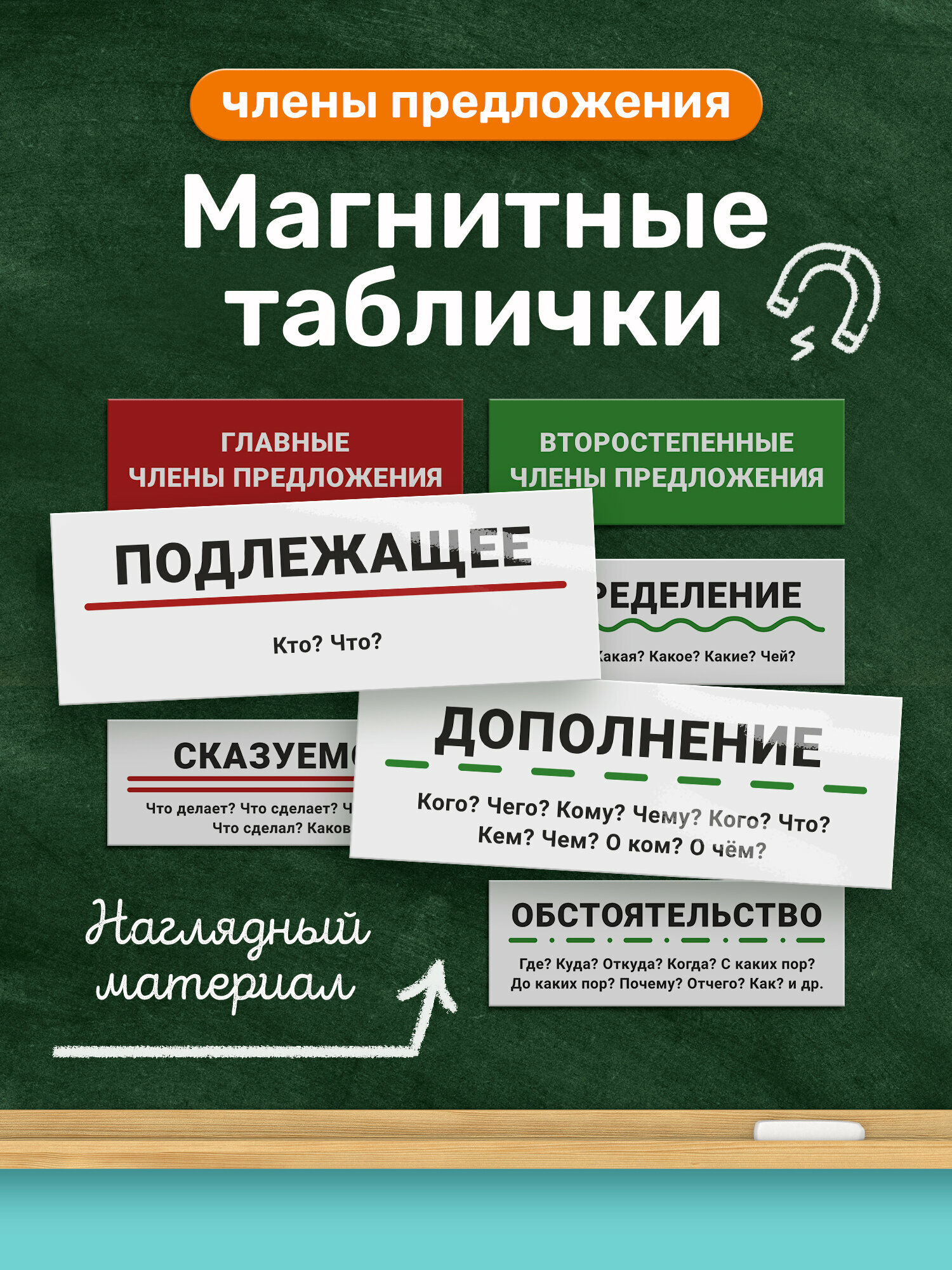 Набор магнитных табличек «Члены предложения», для школы, 30x10см, 7 шт