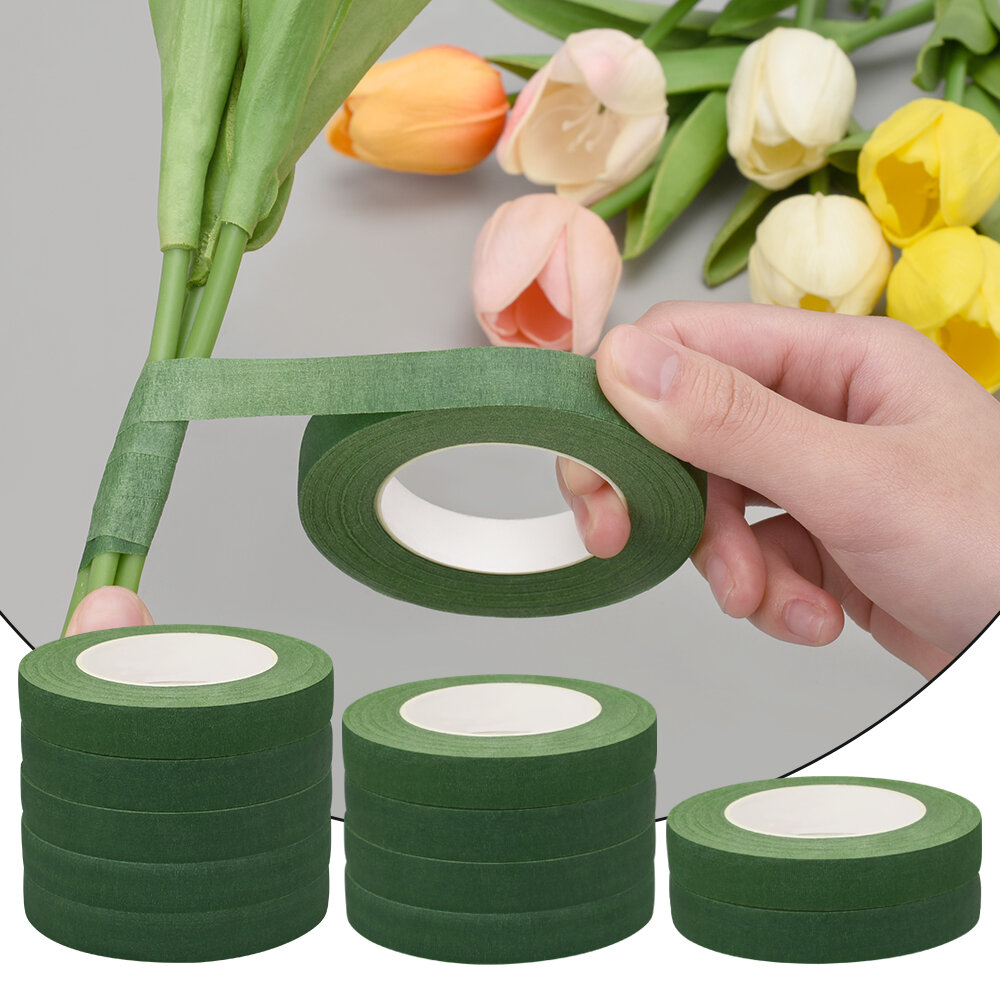 Флористическая тейп-лента 12 мм 13.6 м зелёная — растягиваемая водостойкая лента из вощёной бумаги для букетов и рукоделия