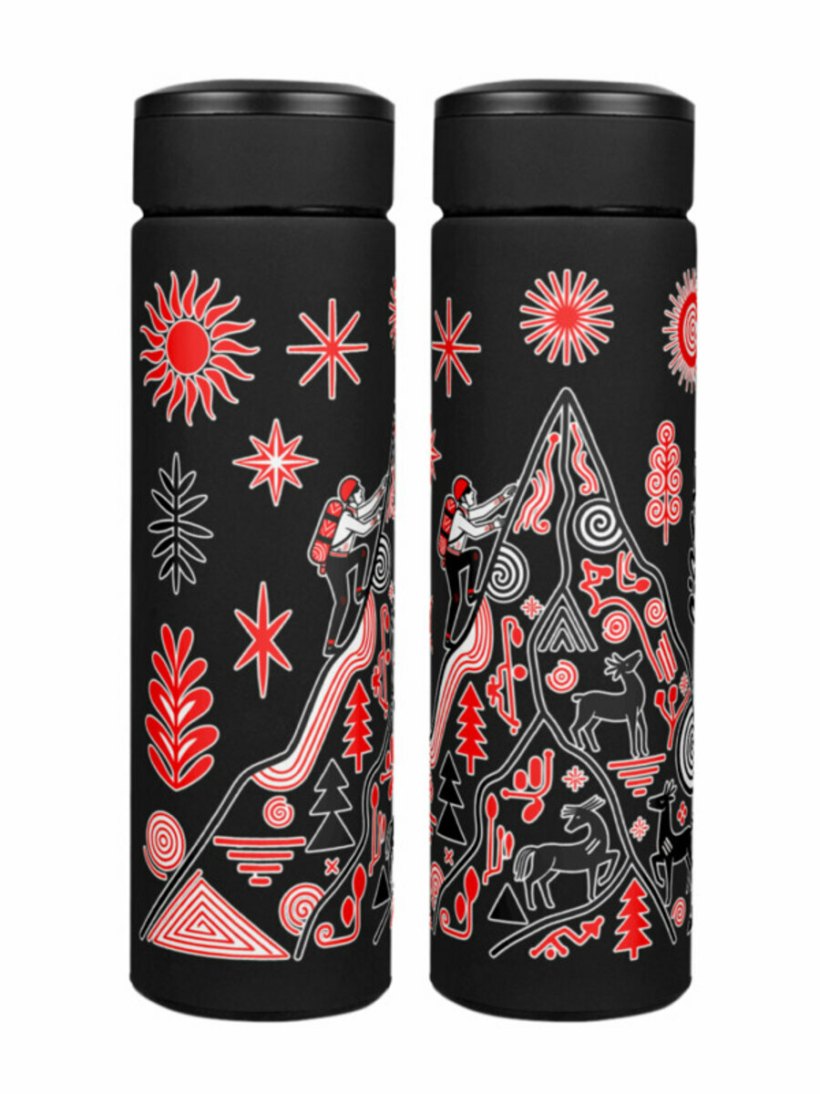 Термос «Альпинист - скалолаз в стиле мезенской росписи» (черный)