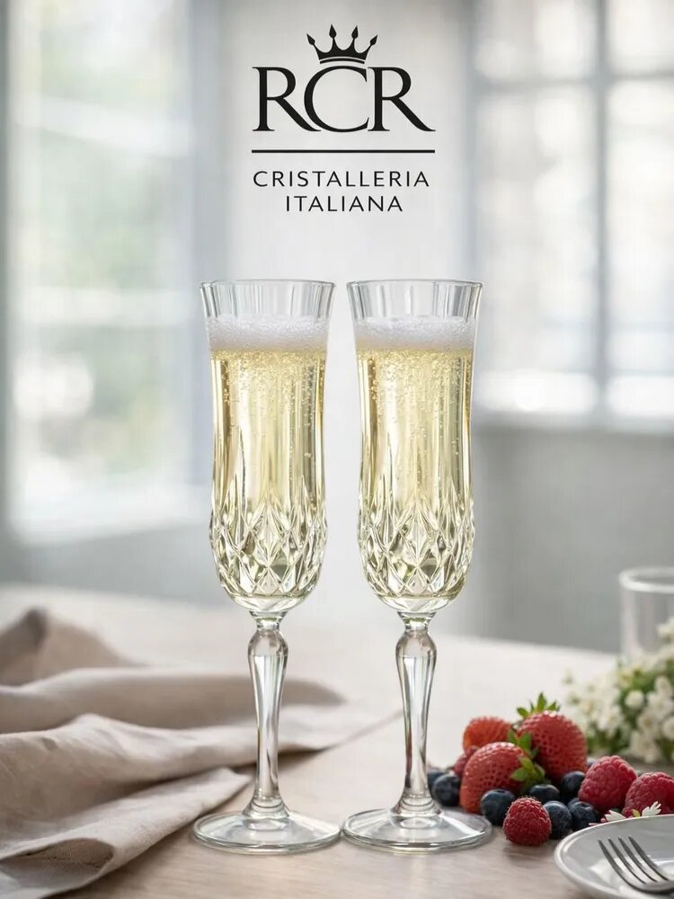 Бокалы для шампанского, подарочный набор RCR "Style Opera" 2 шт, 130 мл. Хрустальное стекло. Италии