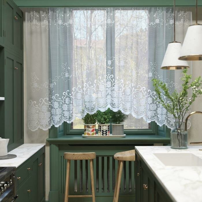 Занавеска на кухню со шторной лентой, 305х165 см, цвет белый, 100% полиэстер