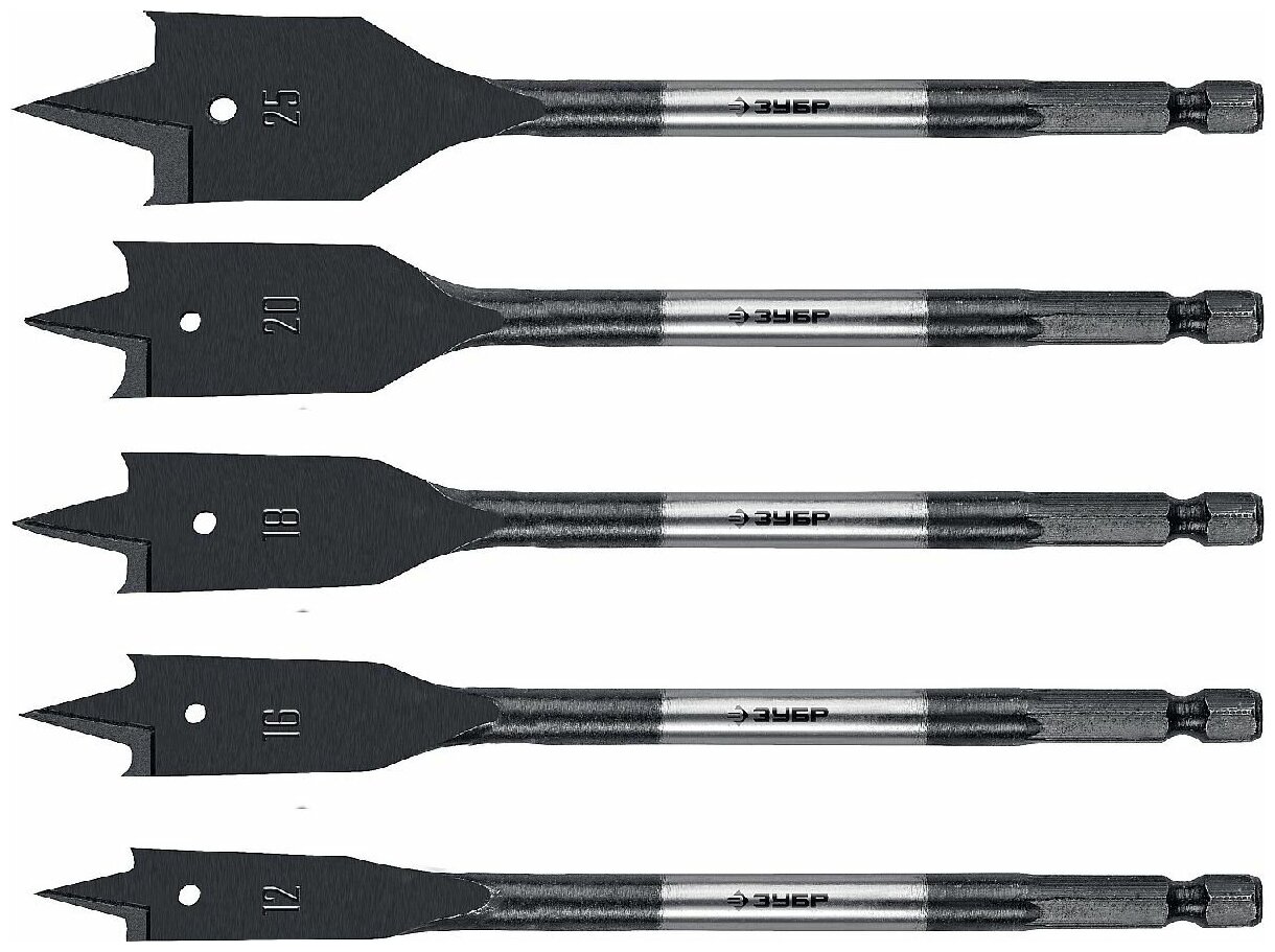ЗУБР 5 шт, 12-16-18-20-25мм, набор сверл перовых по дереву, хвостовик HEX 1 4 , (29505-H5_z01)