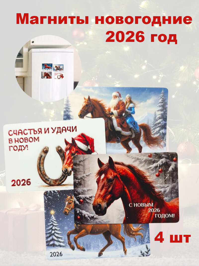Магниты С Новым 2026 годом, 9х6см. Комплект 4 шт. год лошади.