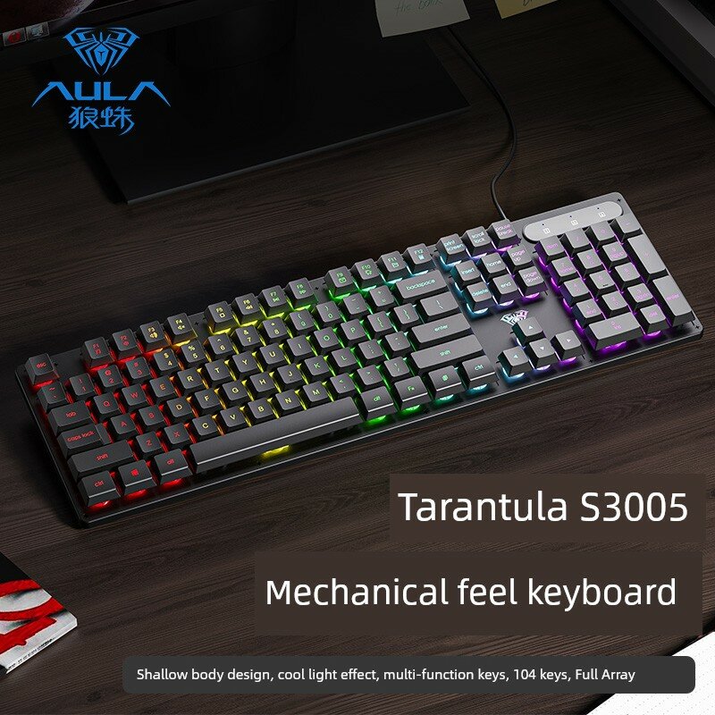 Проводная офисная бесшумная клавиатура Wolf Spider (AULA) S3005 с механическим ощущением и крутой подсветкой Черный