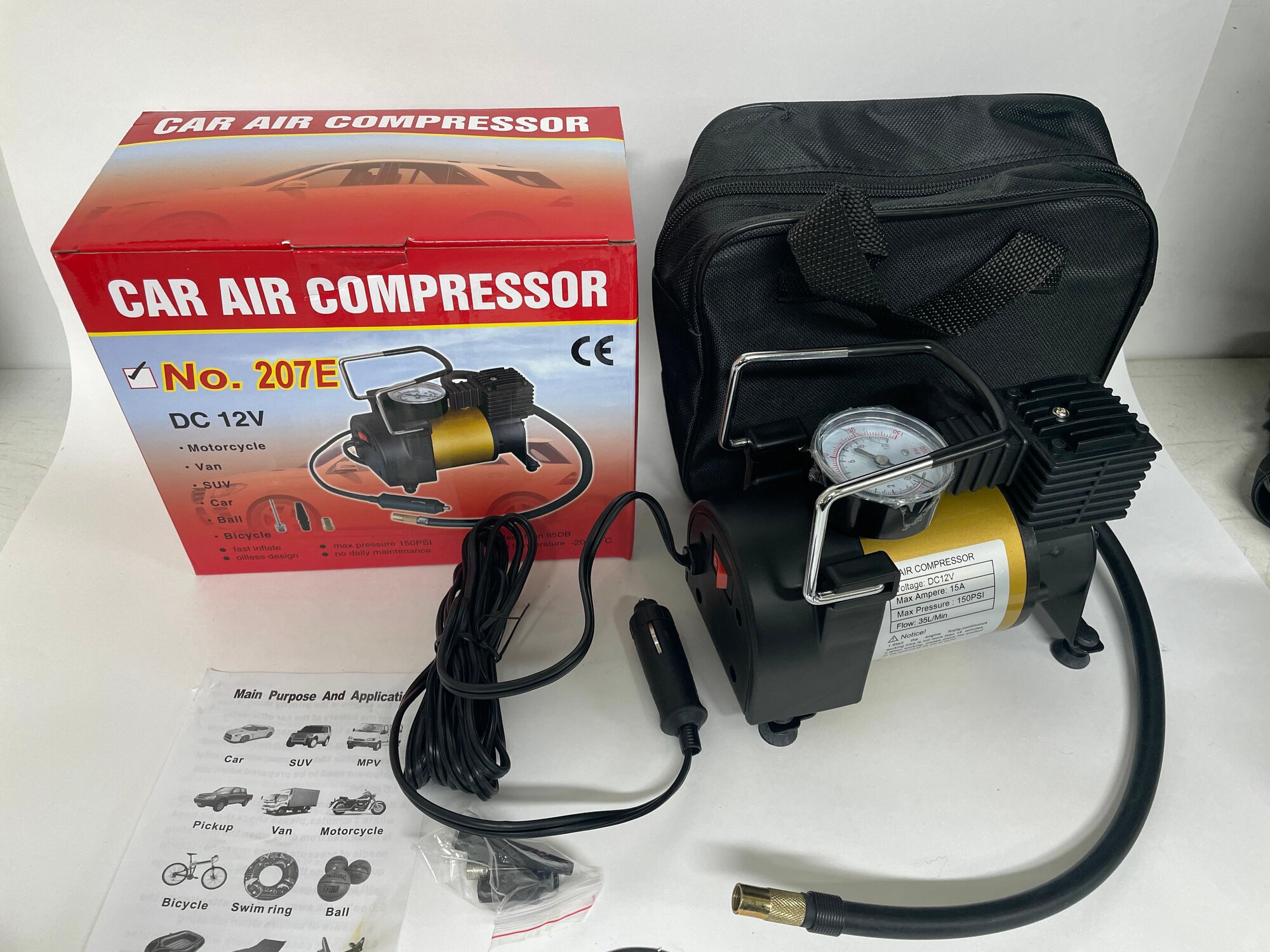 Компрессор автомобильный для накачки шин, однопоршневой, в сумке, 35 л / мин, 12 v, 207J (1 шт.), арт: 1154-К