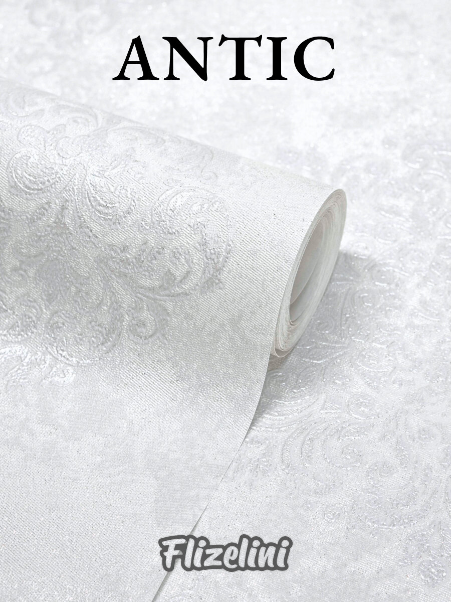 Обои виниловые на флизелине, орнамент белый с глиттером, антивандальные, моющиеся, метровые, Antic (Flizelini, 2032-11)