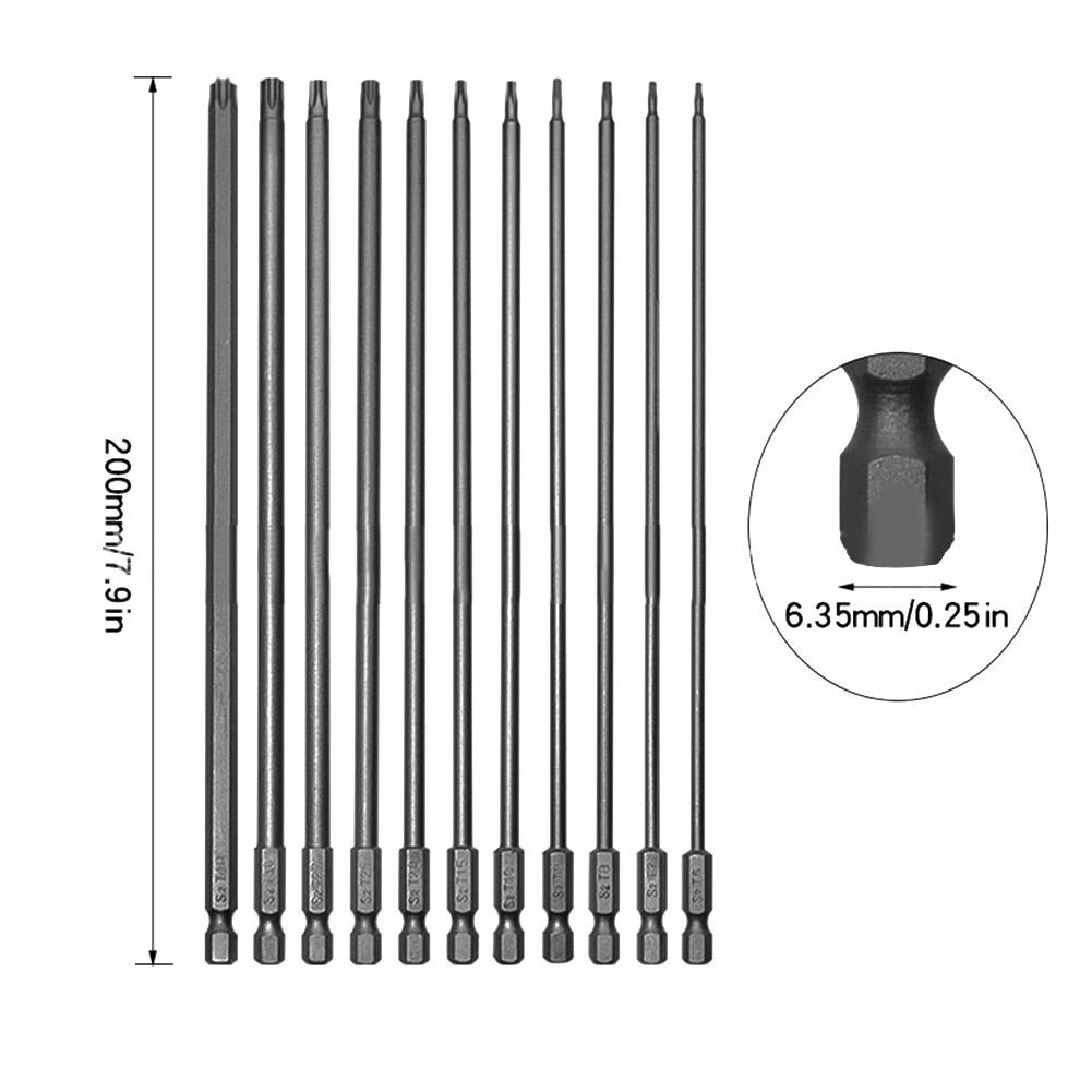 Набор магнитных бит Torx с отверстием 11 шт, длиной 200 мм, шестигранный хвостовик 1/4 дюйма для электродрели и отвертки, T6-T40