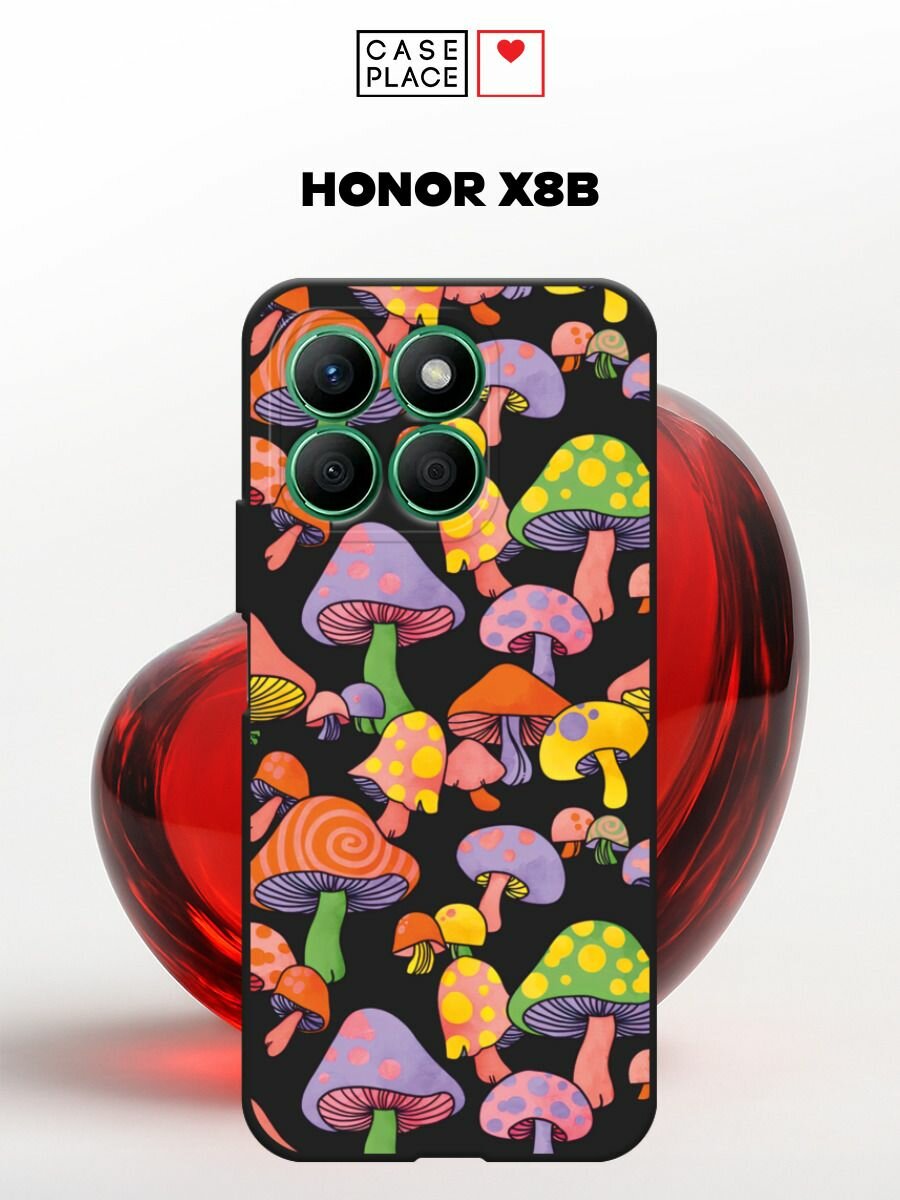 Черный матовый чехол на Honor X8B / Хонор Х8B с принтом Цветные грибы