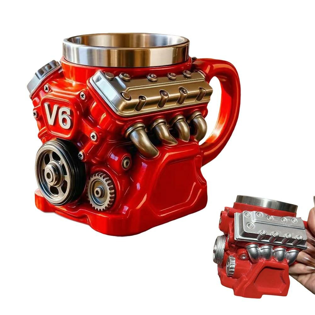 Кружка из нержавеющей стали с изображением двигателя V8, ретро-кофейная кружка, кружка с двойными стенками и ручкой, креативный дизайн с автомобильными двигателями, подарочная кружка на День отца, для мужа, механика, автолюбителя.