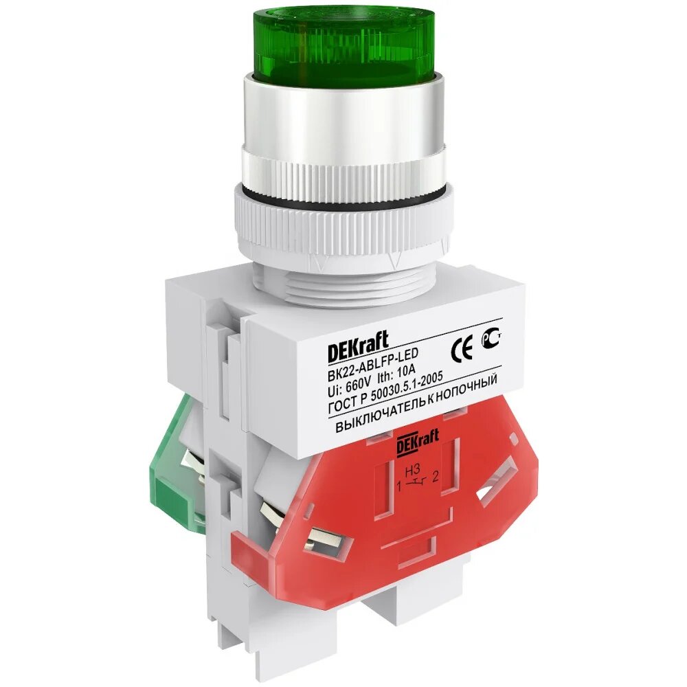 Выключатель кнопочный DEKraft ВК-22, 10 А, IP54, зеленый 25026DEK, С led-индикациейном