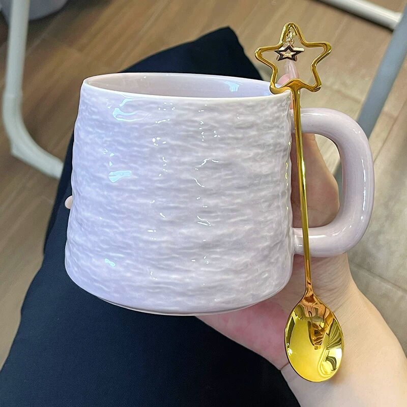 Кружка с крышкой и ложкой, высококачественная чашка, кофейная чашка с каменным узором, керамический подарок на день