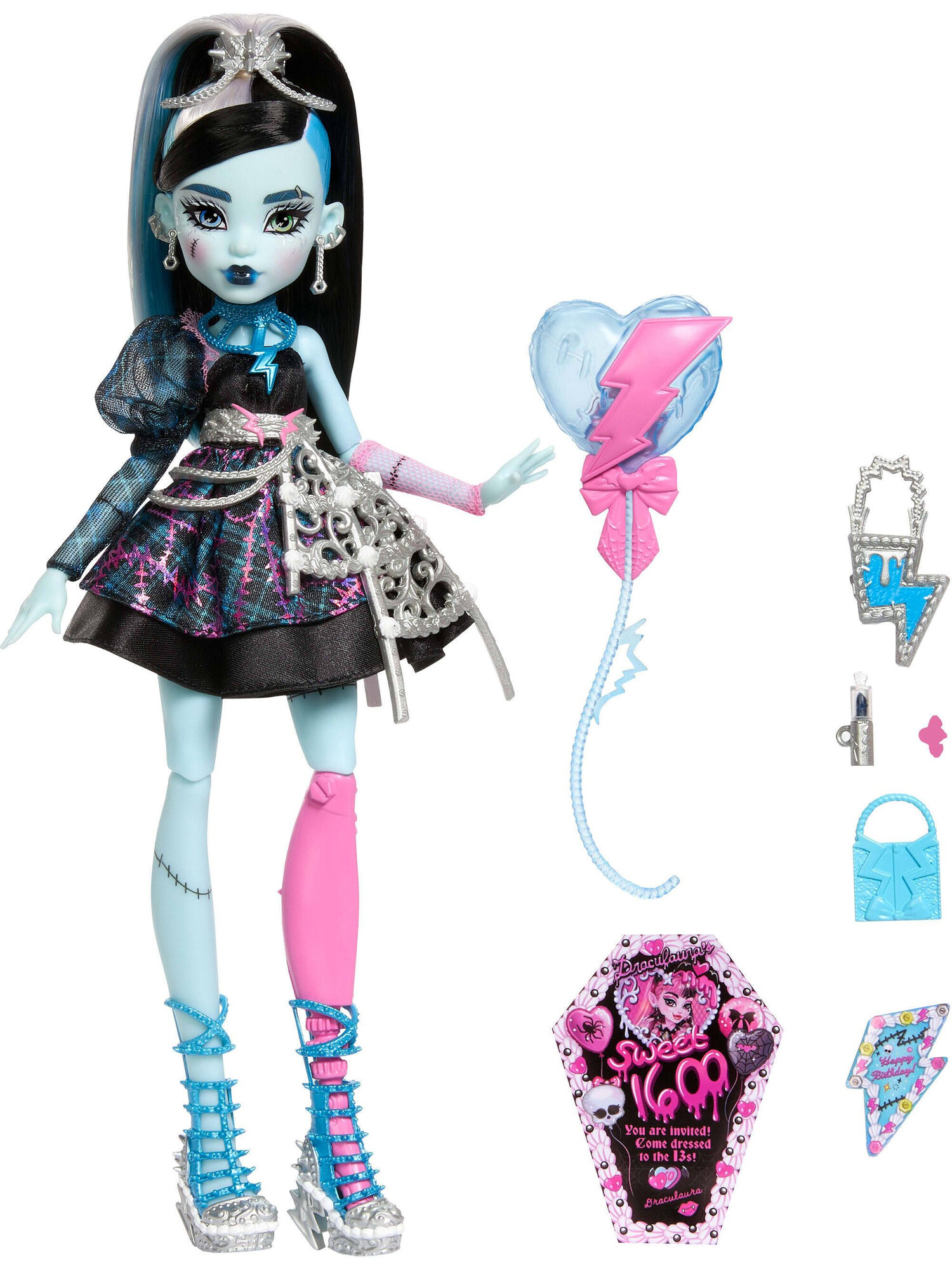 Кукла Mattel Monster High Фрэнки Штейн в праздничном платье, с воздушным шариком и подарком JBG75, 27 см