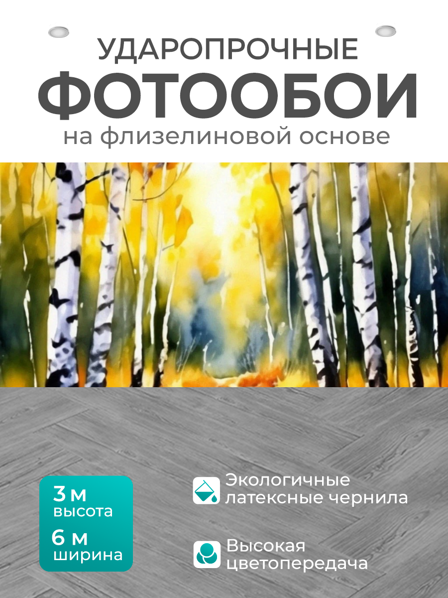 Фотообои моющиеся ударопрочные "Березовая роща, заросшая тропинка, желтые цвета осенняя погода лесной пейзаж" 600x300 см. флизелиновые на стену