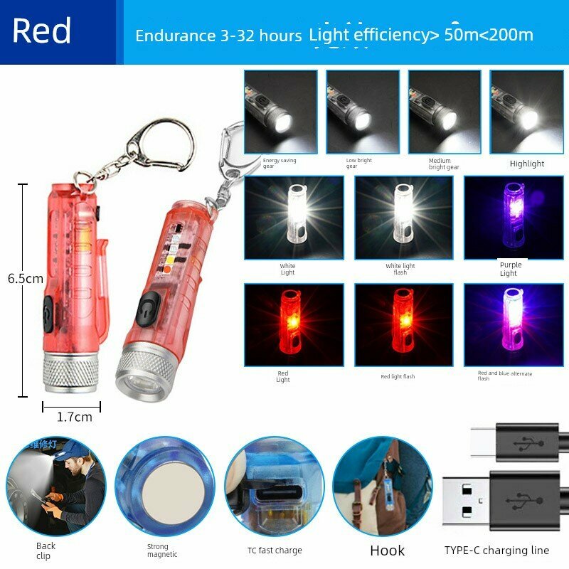 M300 Ключевой фонарик с LED - Красный, портативный USB-перезаряжаемый мини-фонарь для работы на открытом воздухе