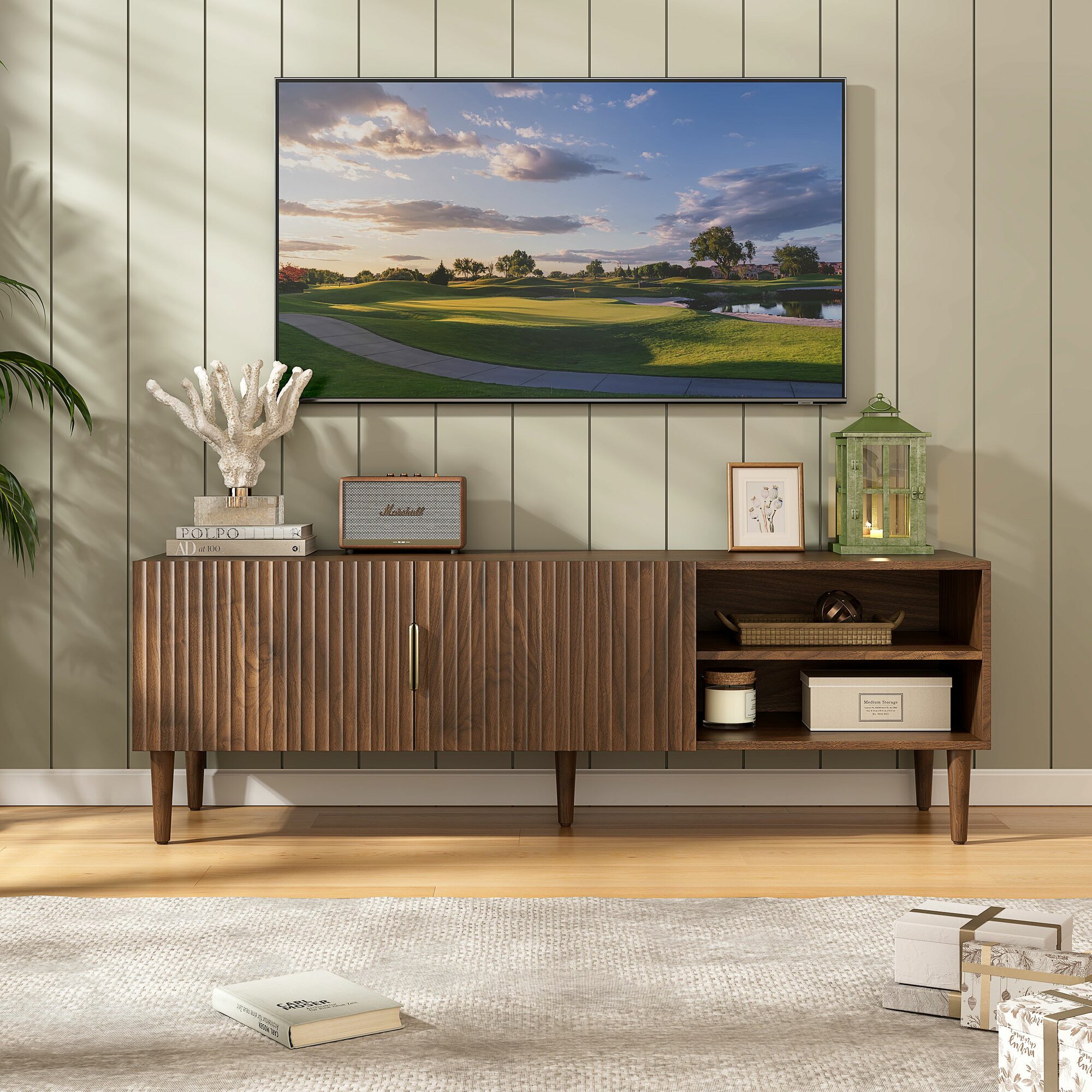 Тумба под телевизор напольная 150×47×37, коричневый, с вертикальной текстурой, реечным дизайном и металлическими ручками