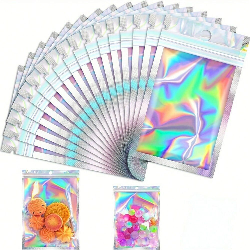 20 Шт. Премиум Майларовые Пакеты: С Голографическим Дизайном, Прозрачным Окном, Для Упаковки И Хранения Закусок, Конфет.