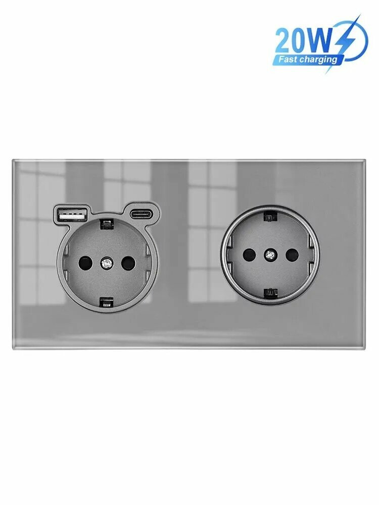 Розетка электрическая 3 поста с Usb и type-c, type-c 20 Вт быстрой зарядки, закаленное стекло, серый