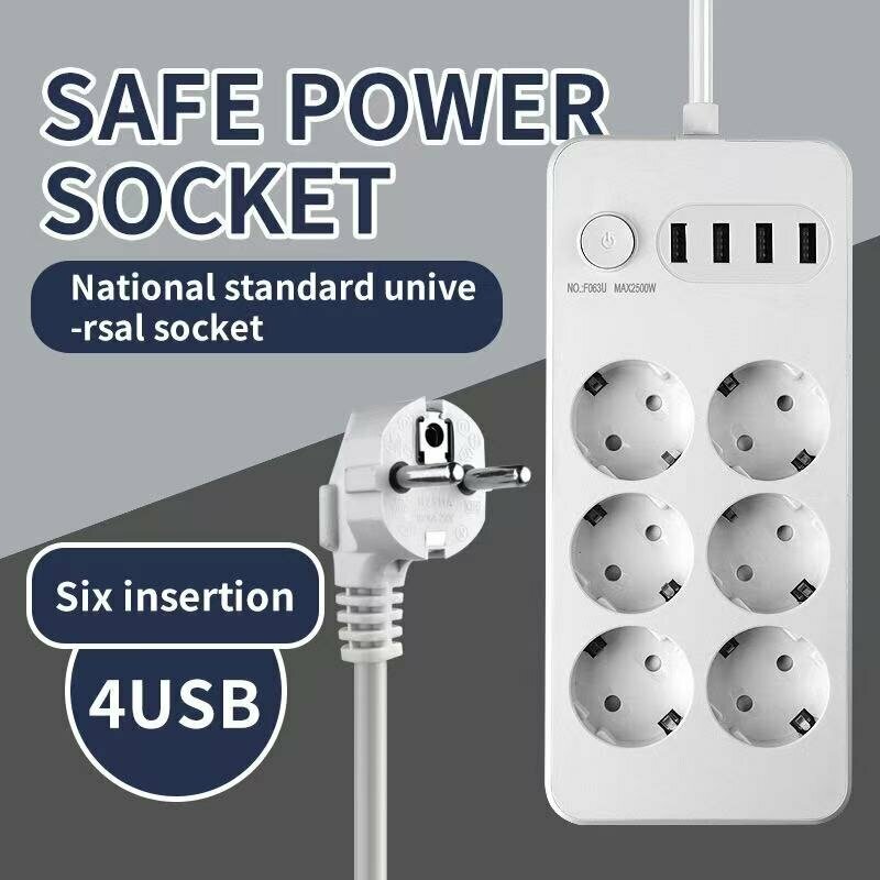 Европейский розеточный блок 6 розеток — 2 м кабель, USB-порты, с переключателем, высокая мощность, многофункциональный