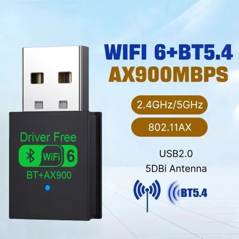 900 Мбит/с USB WiFi 6 BT 5.4 Адаптер 2в1 Dongle AX900 Двухдиапазонный 2,4G и 5 ГГц USB WiFi Сетевая карта Беспроводной Wlan Приемник бесплатно