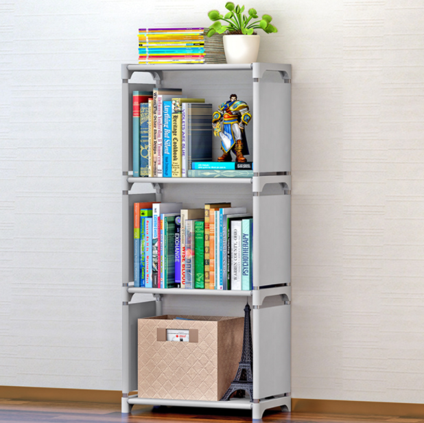 4-Shelf Bookcase, Grey, Pink, Multi-color, Iron Tubes + Non-woven Fabrics, Installed Size 42 * 26 * 94cm, Weight 770g, Package Size 43*17*6cm, Package Weight 930g, 1 * Book Shelf