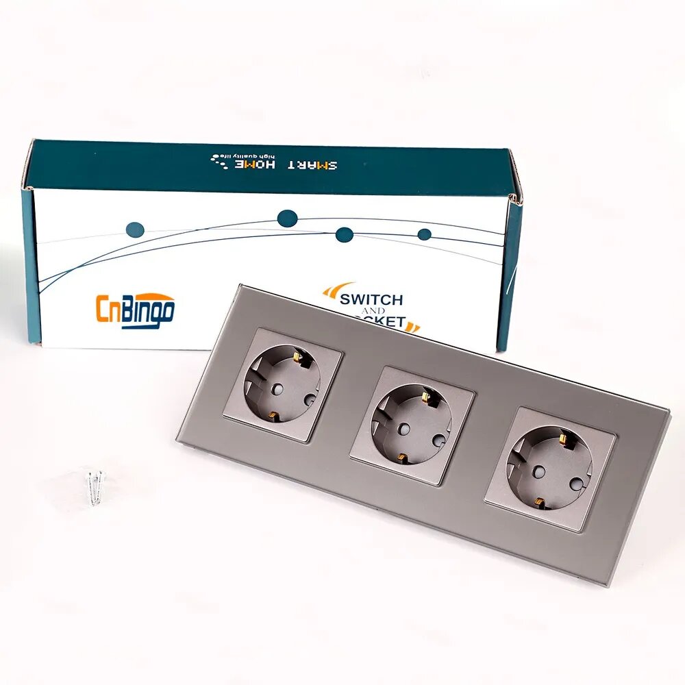 Розетка электрическая 1+1+1 на 3 поста с заземлением панель закаленное стекло серый 1шт